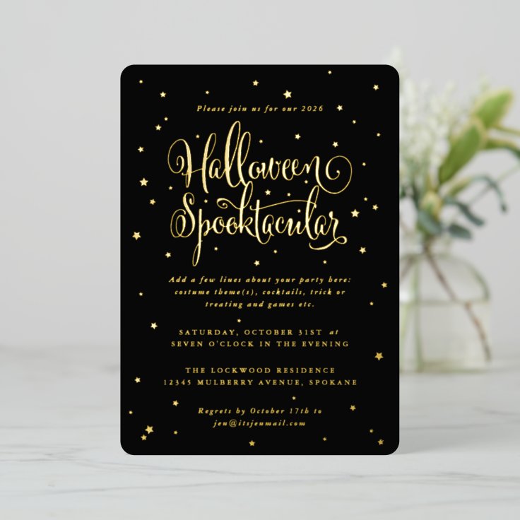 Elegant Black/Gold Halloween Spooktacular + Stars Foil Invitation | Zazzle