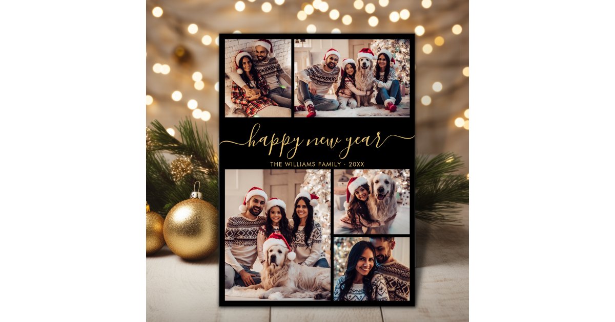 Elegant Black Gold Happy New Year 5 Photo Collage Holiday Card | Zazzle