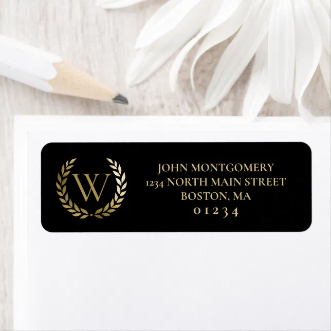 Elegant Black Gold Laurel Wreath Monogram Label | Zazzle