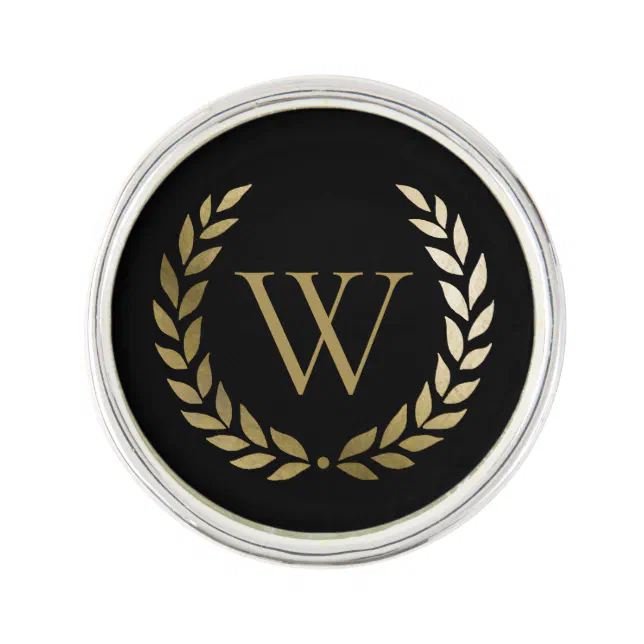 Elegant Black Gold Laurel Wreath Monogram Lapel Pin | Zazzle