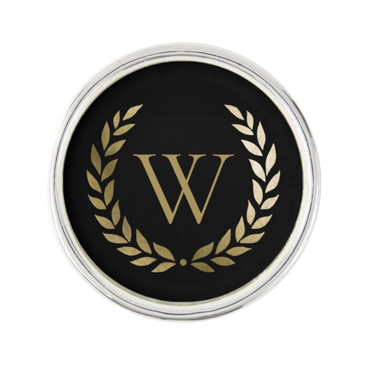 Elegant Black Gold Laurel Wreath Monogram Lapel Pin | Zazzle