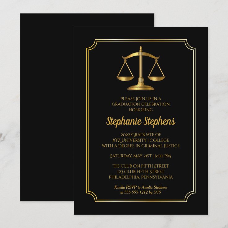 Elegant Black | Gold Law Attorney Graduation Party Invitation | Zazzle