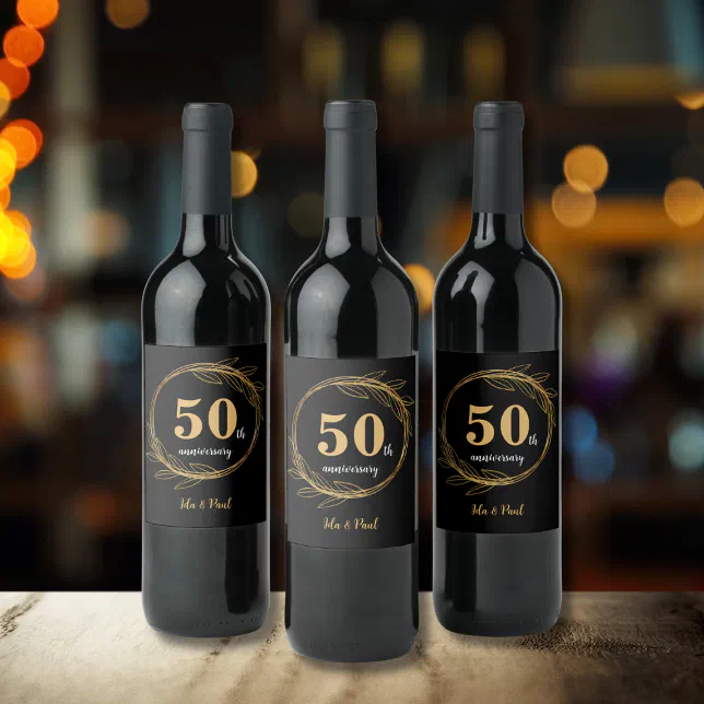 Elegant Black Gold Leaf 50th Wedding Anniversary Wine Label | Zazzle