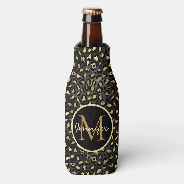 Elegant Black Gold Leopard Cheetah animal print Ca Bottle Cooler | Zazzle