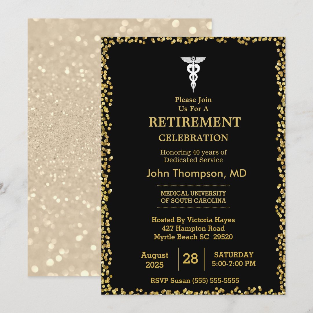 Elegant Black & Gold Lights Doctor Retirement Invitation | Zazzle