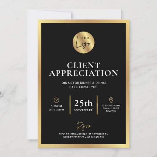 Elegant Black Gold Logo Client Appreciation Event Invitation | Zazzle