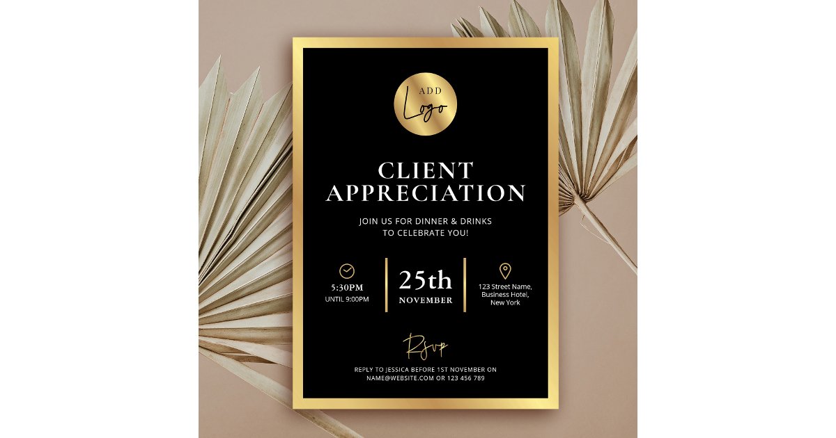 Elegant Black Gold Logo Client Appreciation Event Invitation | Zazzle