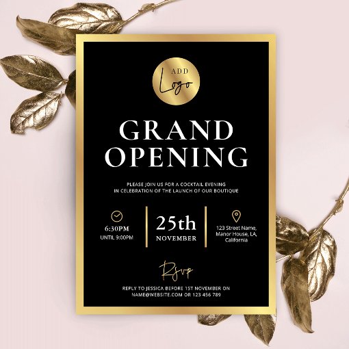 Elegant Black Gold Logo New Business Opening Event Invitation | Zazzle