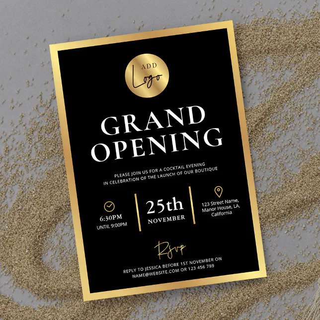 Elegant Black Gold Logo New Business Opening Event Invitation | Zazzle
