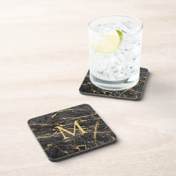 Elegant Black Gold Marble Monogram Beverage Coaster | Zazzle