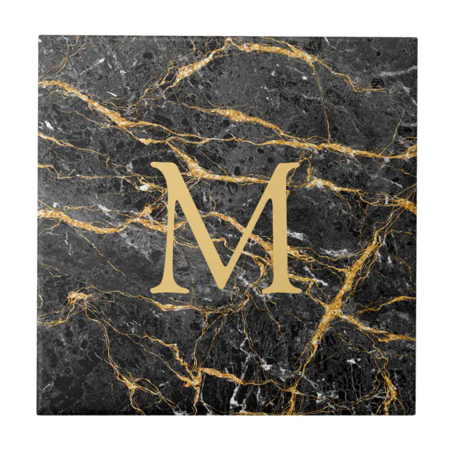Elegant Black Gold Marble Monogram Ceramic Tile | Zazzle