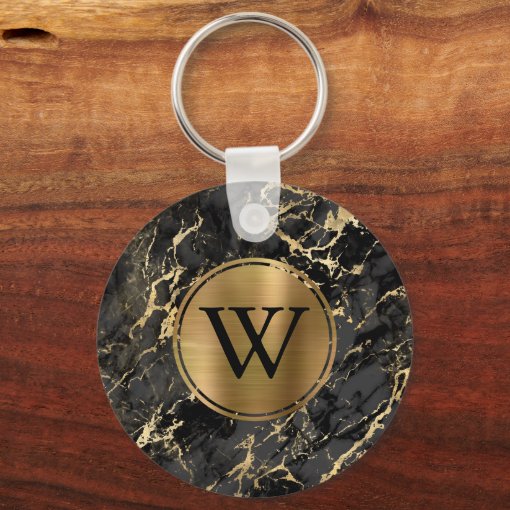Elegant Black Gold Marble Monogram Keychain | Zazzle
