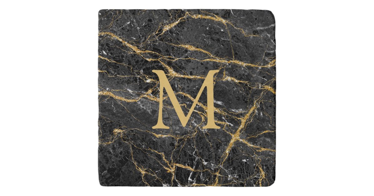 Elegant Black Gold Marble Monogram Trivet | Zazzle