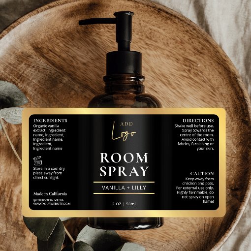 Elegant Black & Gold Modern Room Mist Spray Label | Zazzle