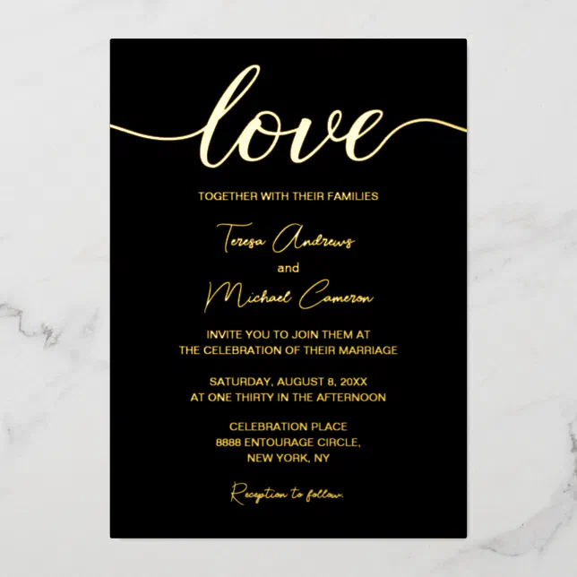 Elegant Black Gold Modern Typography Love script Foil Invitation | Zazzle