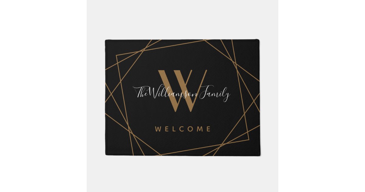 Elegant Black Gold Monogram Family Name Script Doormat | Zazzle