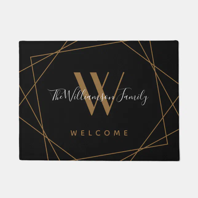Elegant Black Gold Monogram Family Name Script Doormat | Zazzle