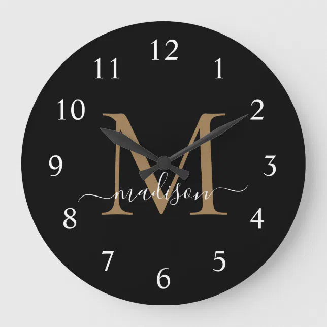 Elegant Black Gold Monogram Feminine Script Name Large Clock | Zazzle