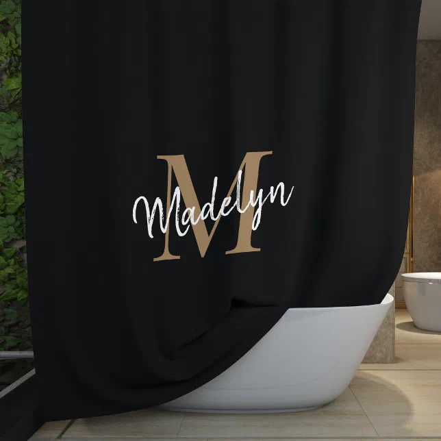 Elegant Black Gold Monogram Feminine Script Name Shower Curtain Zazzle