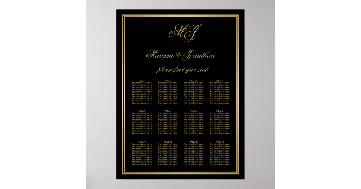Elegant Black Gold Monogram Frame Wedding Seating Poster | Zazzle