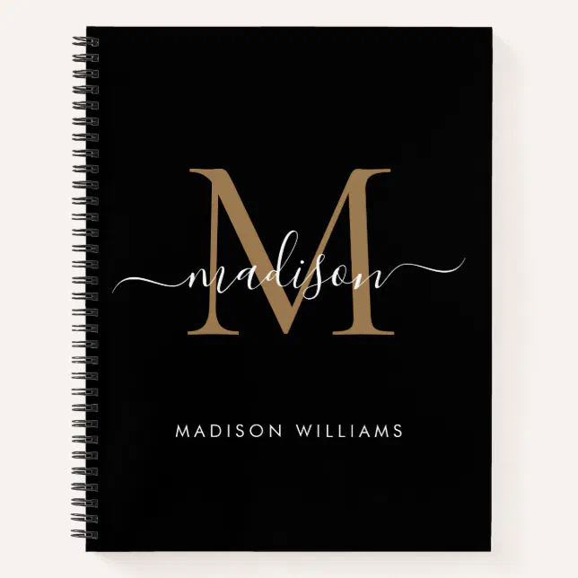 Elegant Black Gold Monogram Initial Script Name Notebook | Zazzle
