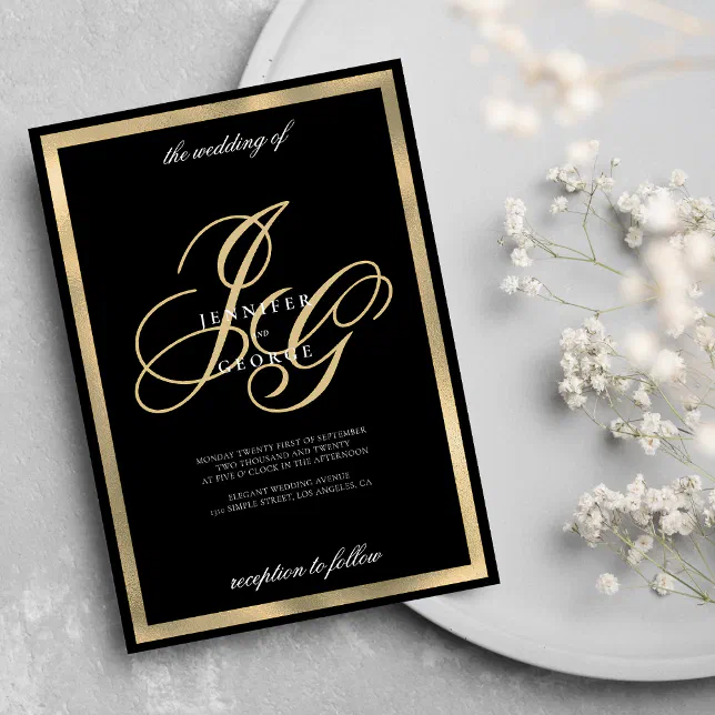 Elegant black gold monogram initials wedding invitation | Zazzle