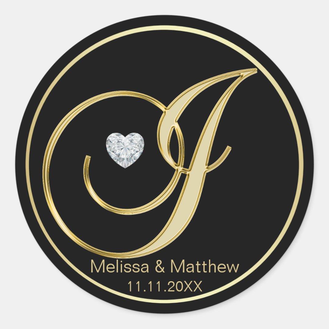 Elegant Black Gold Monogram Letter J Heart Diamond Classic Round ...