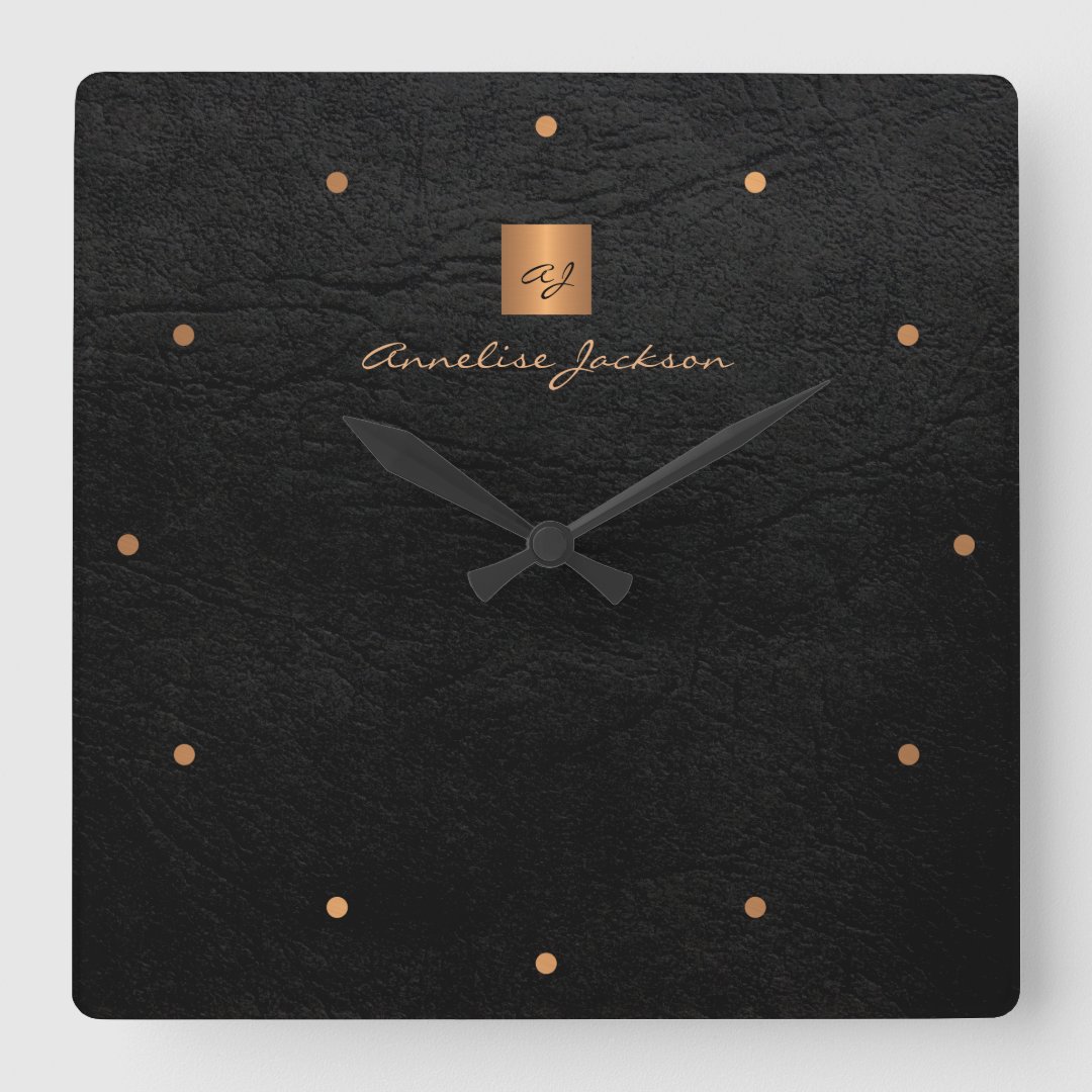 Elegant black gold monogram name personalized square wall clock | Zazzle