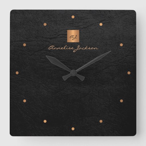 Elegant black gold monogram name personalized square wall clock | Zazzle