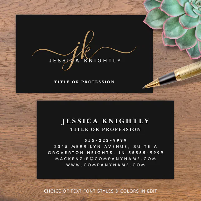 Elegant Black Gold Monogram Script Initials Business Card | Zazzle