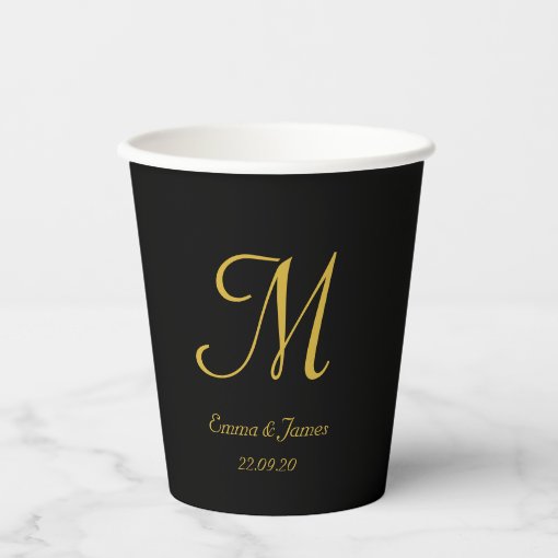 Elegant Black Gold Monogram Script Name Paper Cups | Zazzle