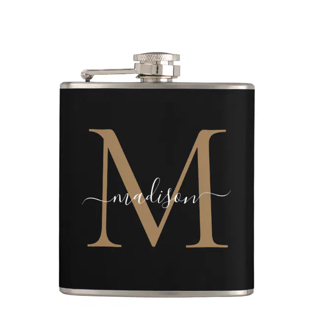 Elegant Black Gold Monogram Stylish Script Name Flask | Zazzle