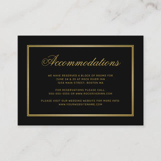 Elegant Black Gold Monogram Wedding Accommodations Enclosure Card | Zazzle