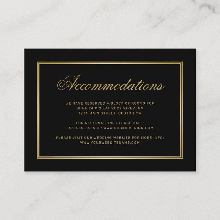 Elegant Black Gold Monogram Wedding Accommodations Enclosure Card | Zazzle