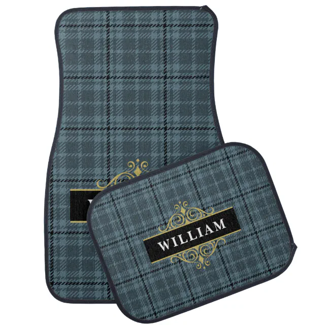 Elegant Black Gold Monogram Windowpane Check Car Floor Mat | Zazzle
