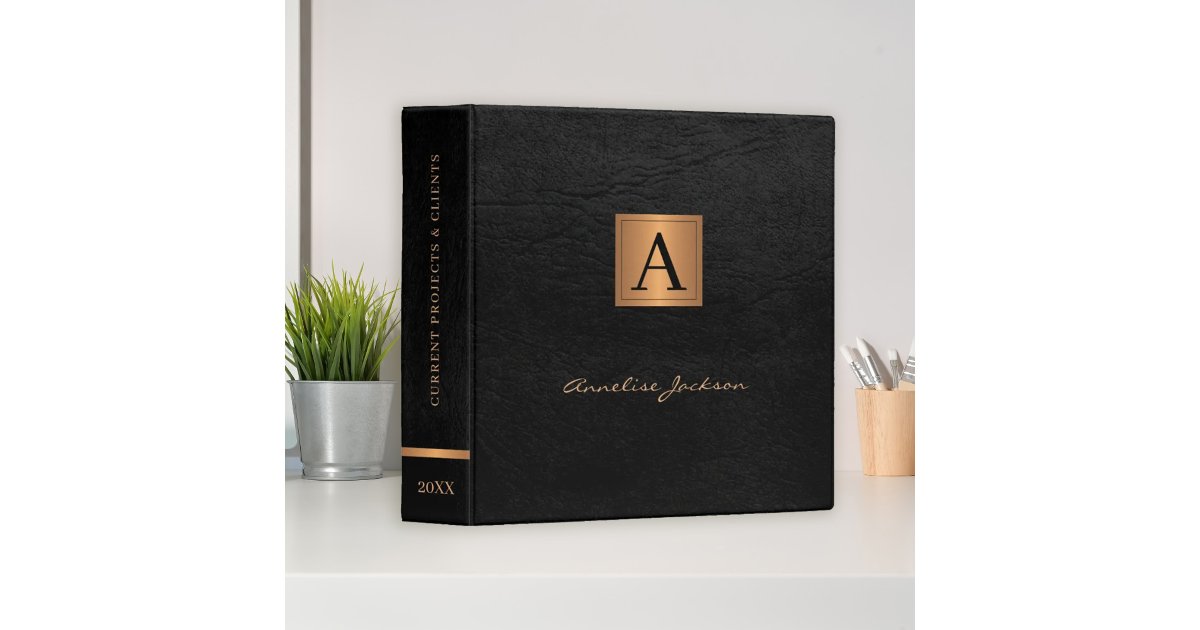Elegant black gold monogrammed modern script name 3 ring binder | Zazzle