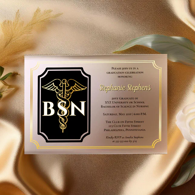 Elegant Black | Gold Nurse BSN Graduation Party Acrylic Invitations ...