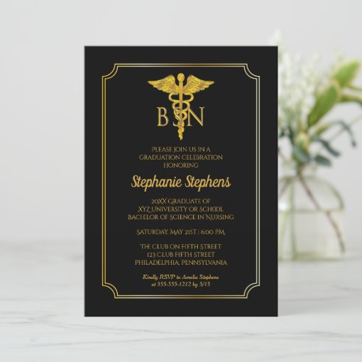Elegant Black | Gold Nurse BSN Graduation Party Invitation | Zazzle