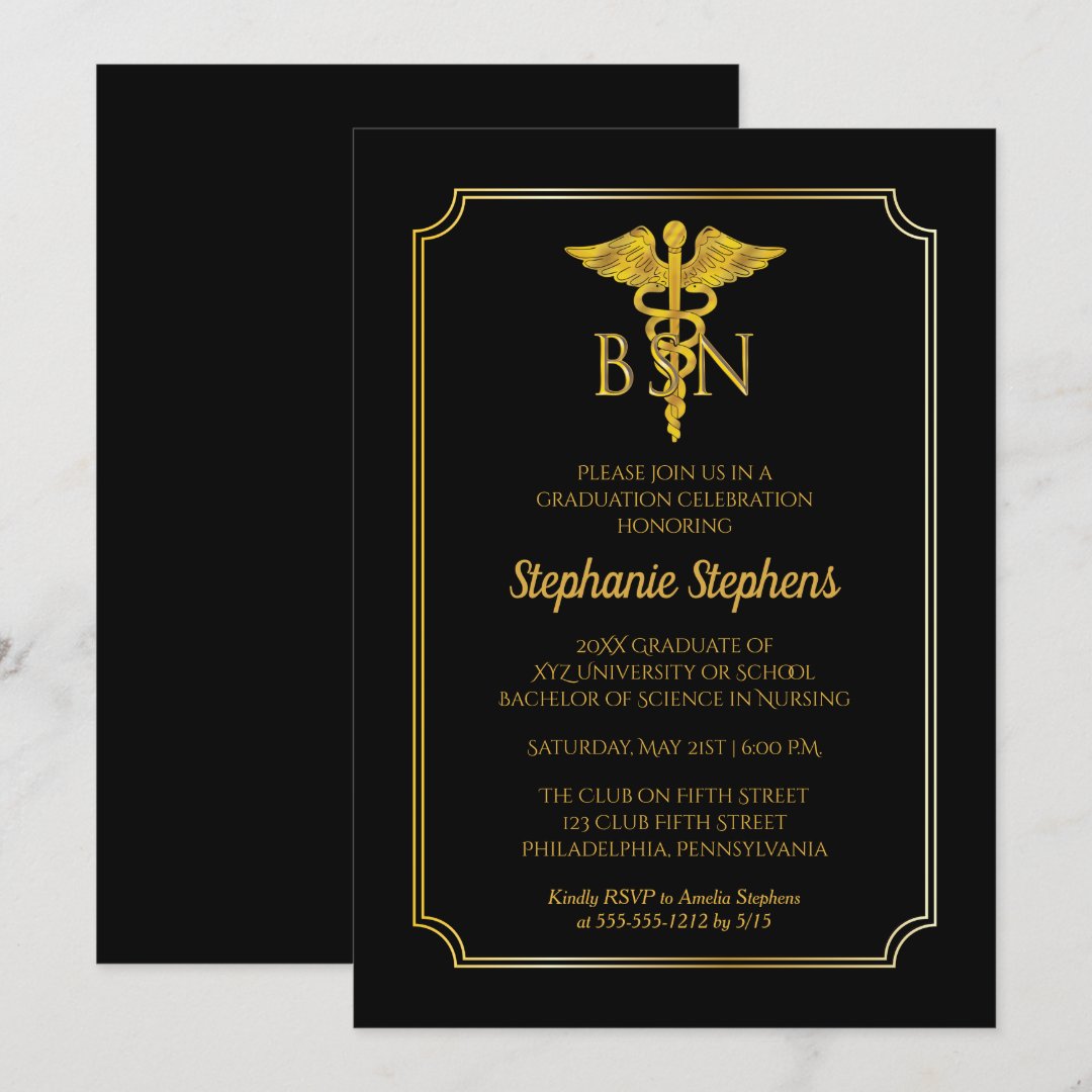 Elegant Black | Gold Nurse BSN Graduation Party Invitation | Zazzle