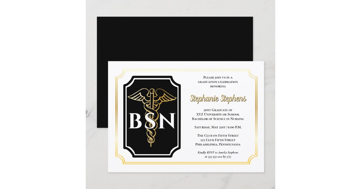 Elegant Black | Gold Nurse BSN Graduation Party Invitation | Zazzle