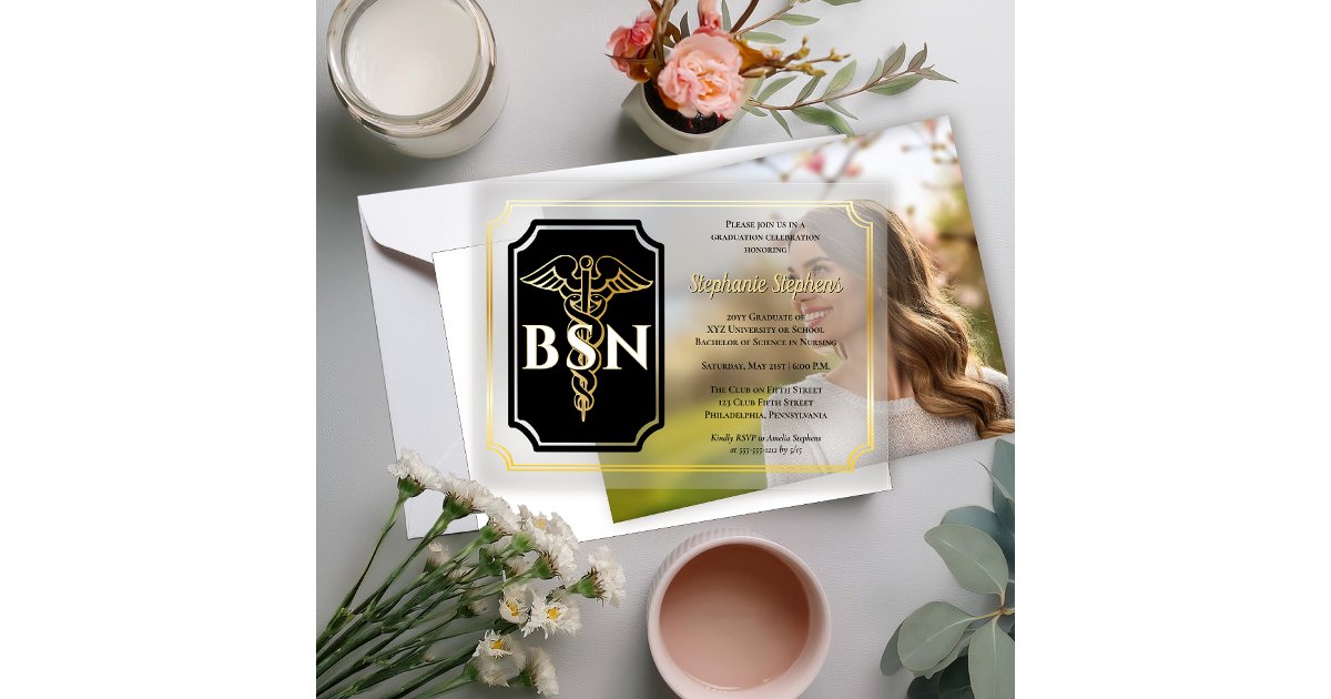 Elegant Black | Gold Nurse BSN Graduation Party Vellum Invitations | Zazzle