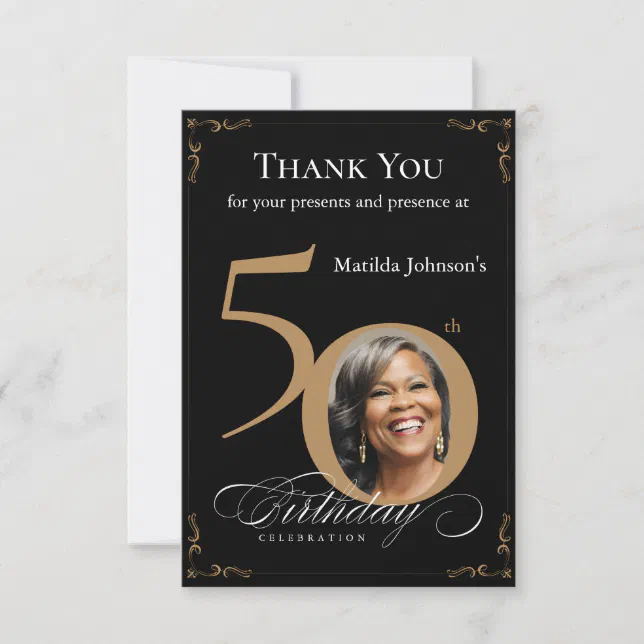 Elegant Black Gold Photo 50th Birthday Party Thank You Card | Zazzle