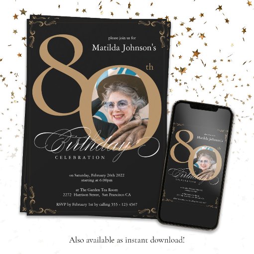 Elegant Black Gold Photo 80th Birthday Party Invitation | Zazzle