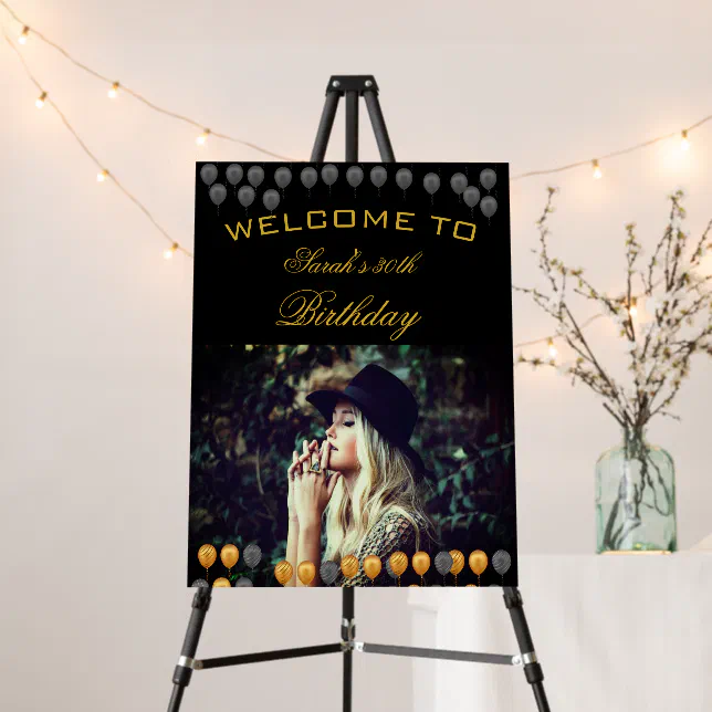 Elegant Black & Gold Photo Birthday Welcome Foam Board | Zazzle