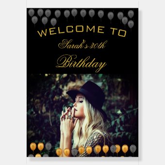 Elegant Black & Gold Photo Birthday Welcome Foam Board | Zazzle