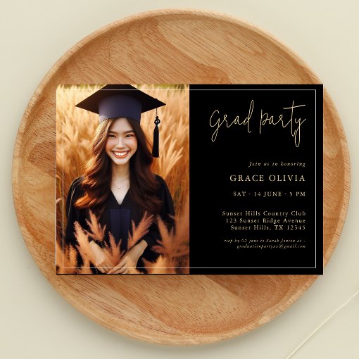 Elegant Black & Gold Photo Grad Party invitation | Zazzle