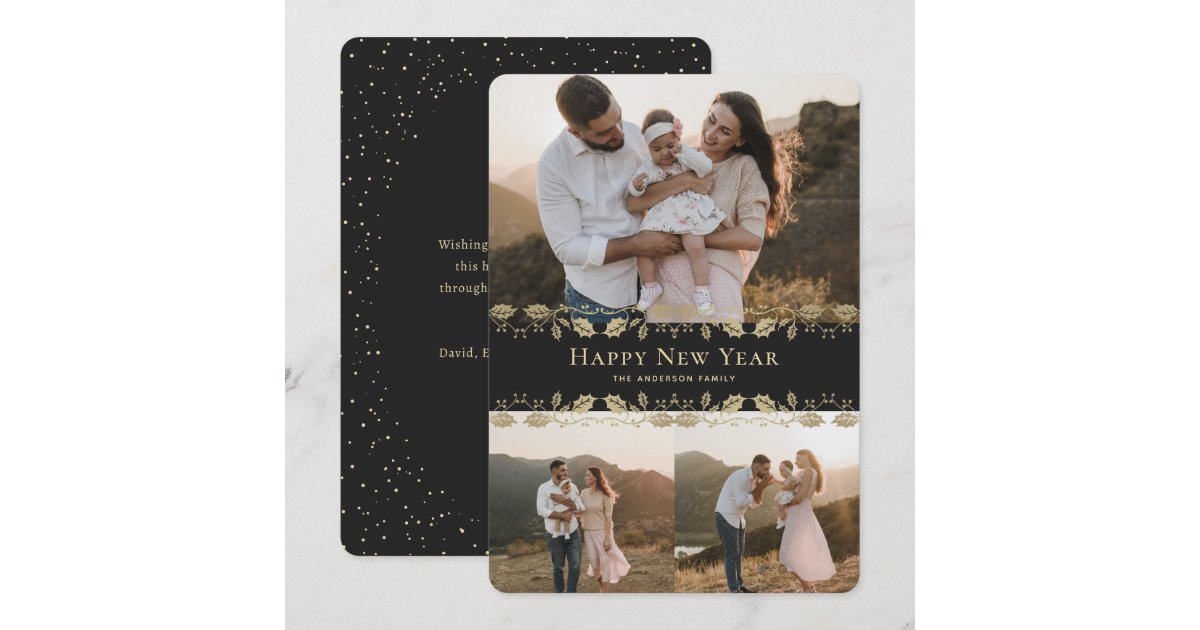Elegant Black Gold Photo Happy New Year Card | Zazzle
