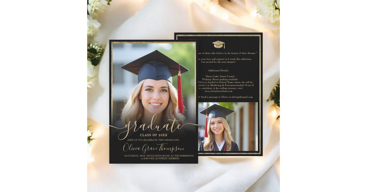 Elegant Black Gold Photo Script Graduation Invitation | Zazzle