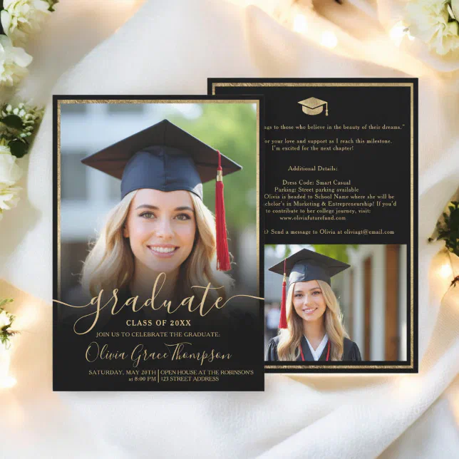 Elegant Black Gold Photo Script Graduation Invitation | Zazzle