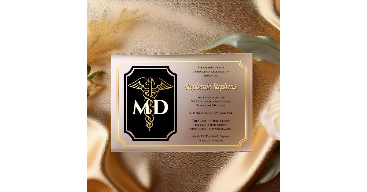 Elegant Black | Gold Physician MD Graduation Party Acrylic Invitations ...